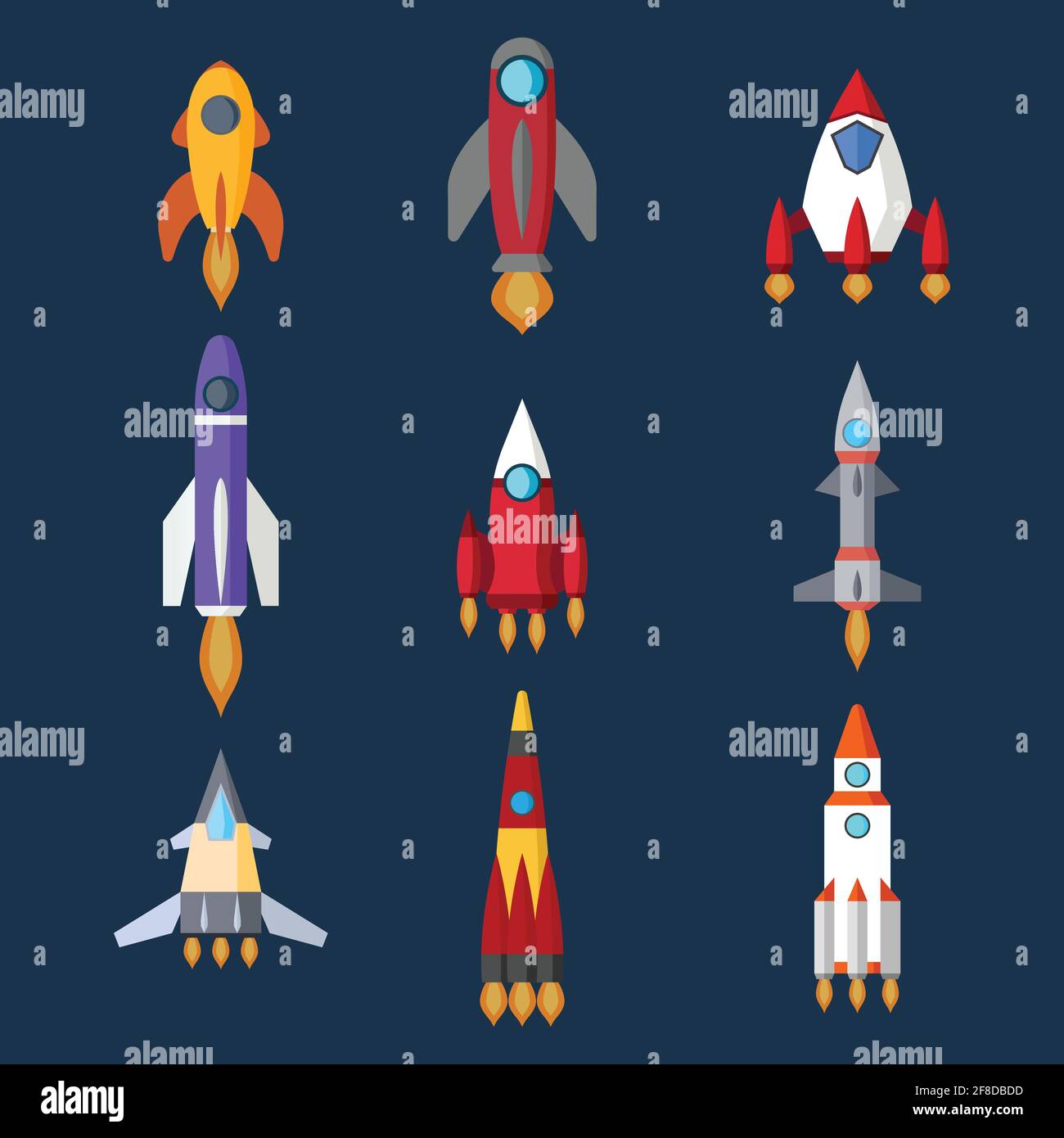 Rocket set and technology ship rocket flat style design. Start Up ...