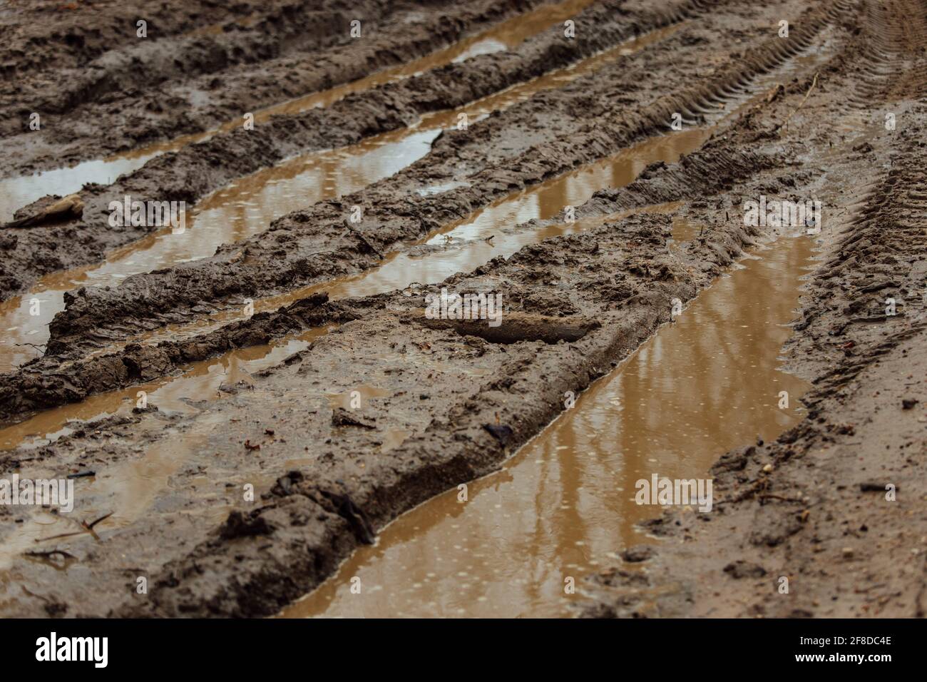 mud on the muddy road. tracks from the wheels of passing cars in the ...