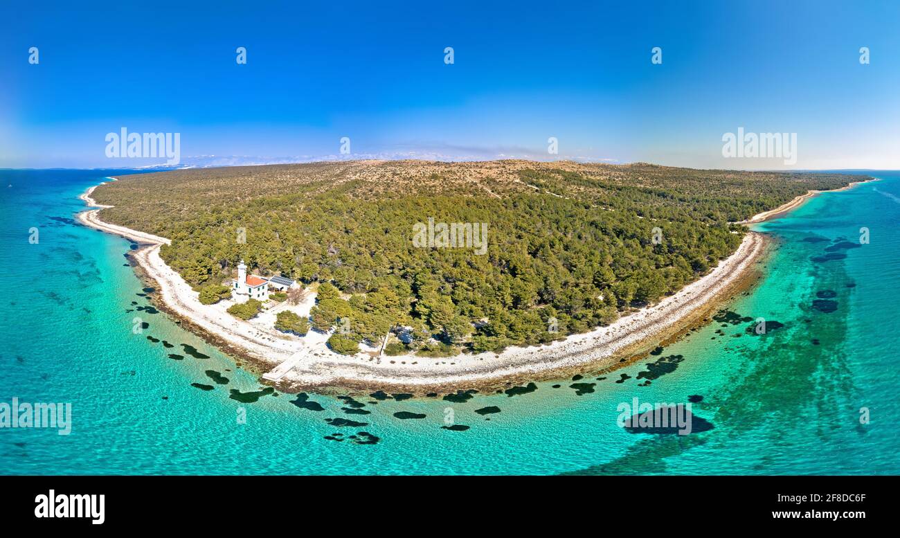 Island of Vir archipelago lighthouse and beach aerial panoramic view ...