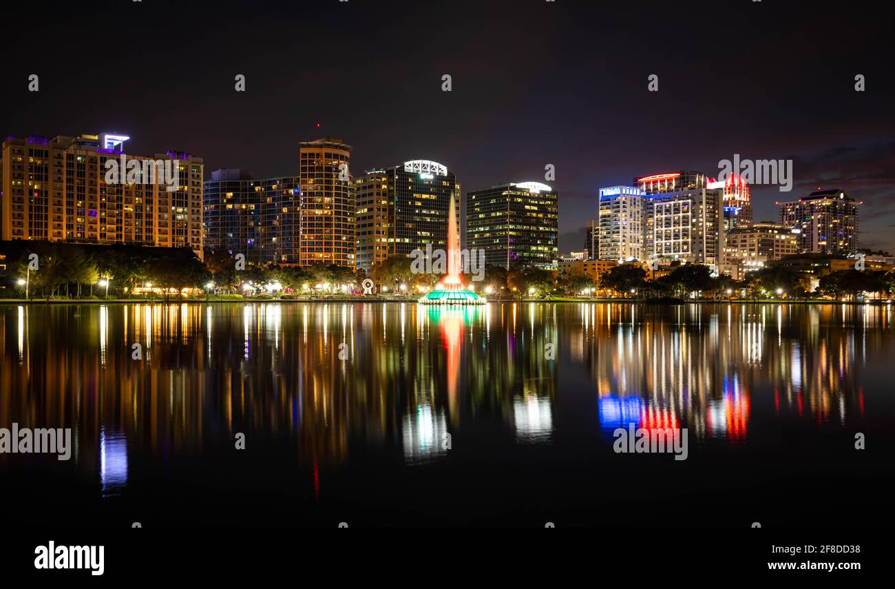 Panoramic view of colorful Lake Eola Park at night Stock Photo - Alamy