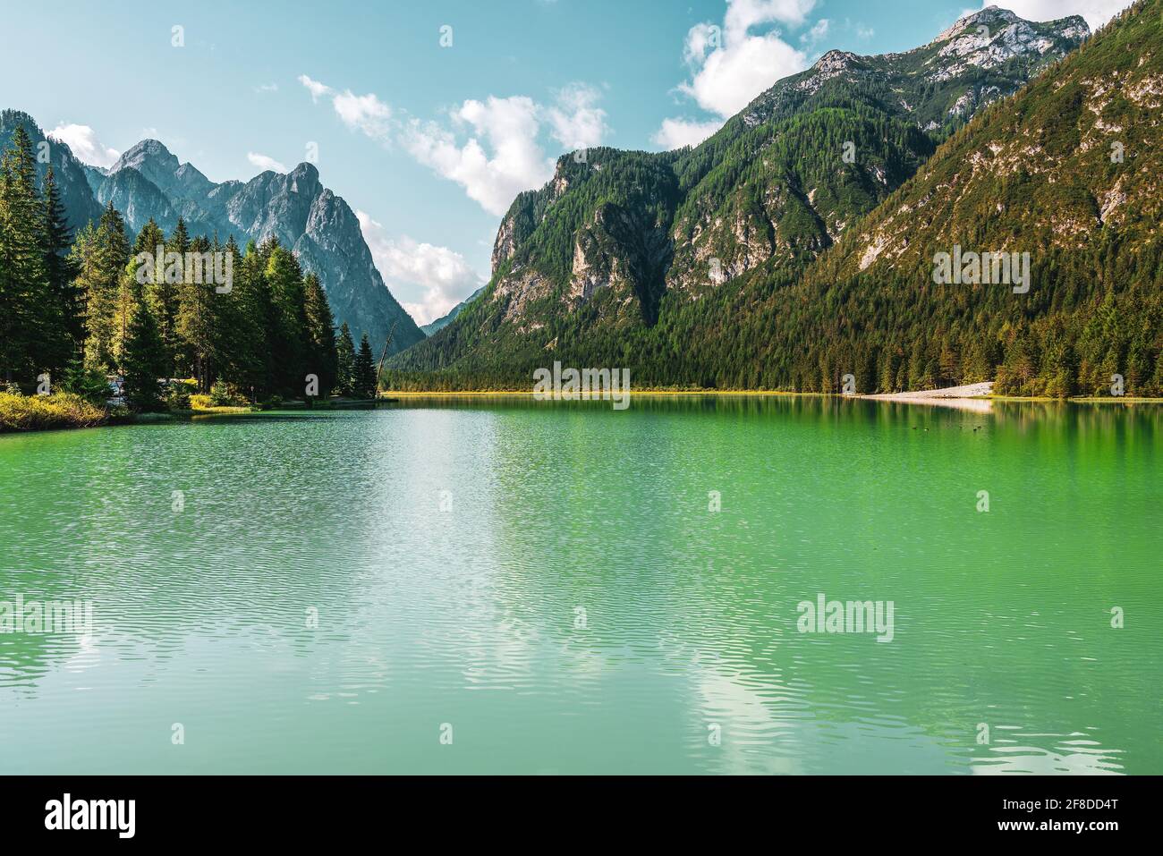 Panoramic view of Lake Dobbiaco ( Toblacher See ) in the Dolomites ...