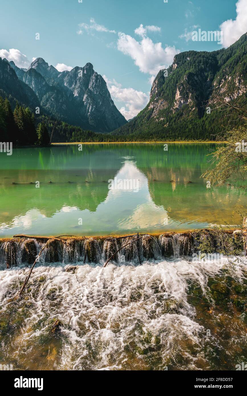 Panoramic view of Lake Dobbiaco ( Toblacher See ) in the Dolomites ...