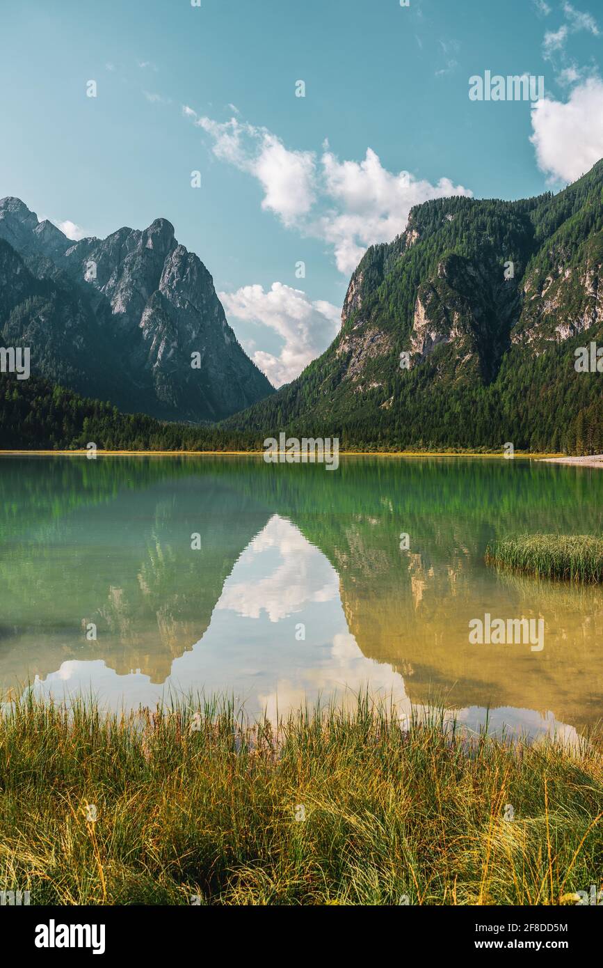 Panoramic view of Lake Dobbiaco ( Toblacher See ) in the Dolomites ...