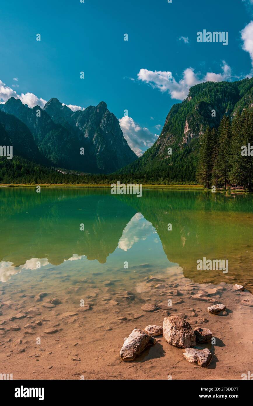 Panoramic view of Lake Dobbiaco ( Toblacher See ) in the Dolomites ...