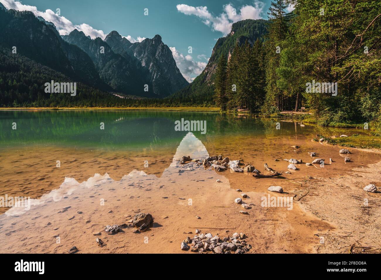 Panoramic view of Lake Dobbiaco ( Toblacher See ) in the Dolomites ...