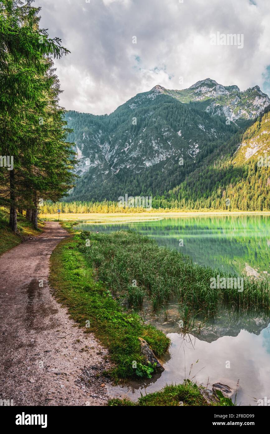 Panoramic view of Lake Dobbiaco ( Toblacher See ) in the Dolomites ...