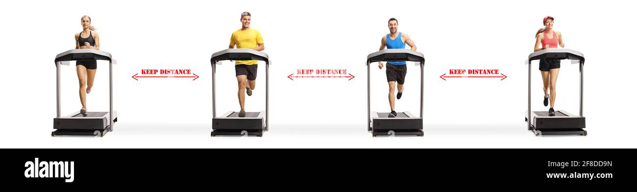 People running on treadmills with sign keep distance isolated on white ...