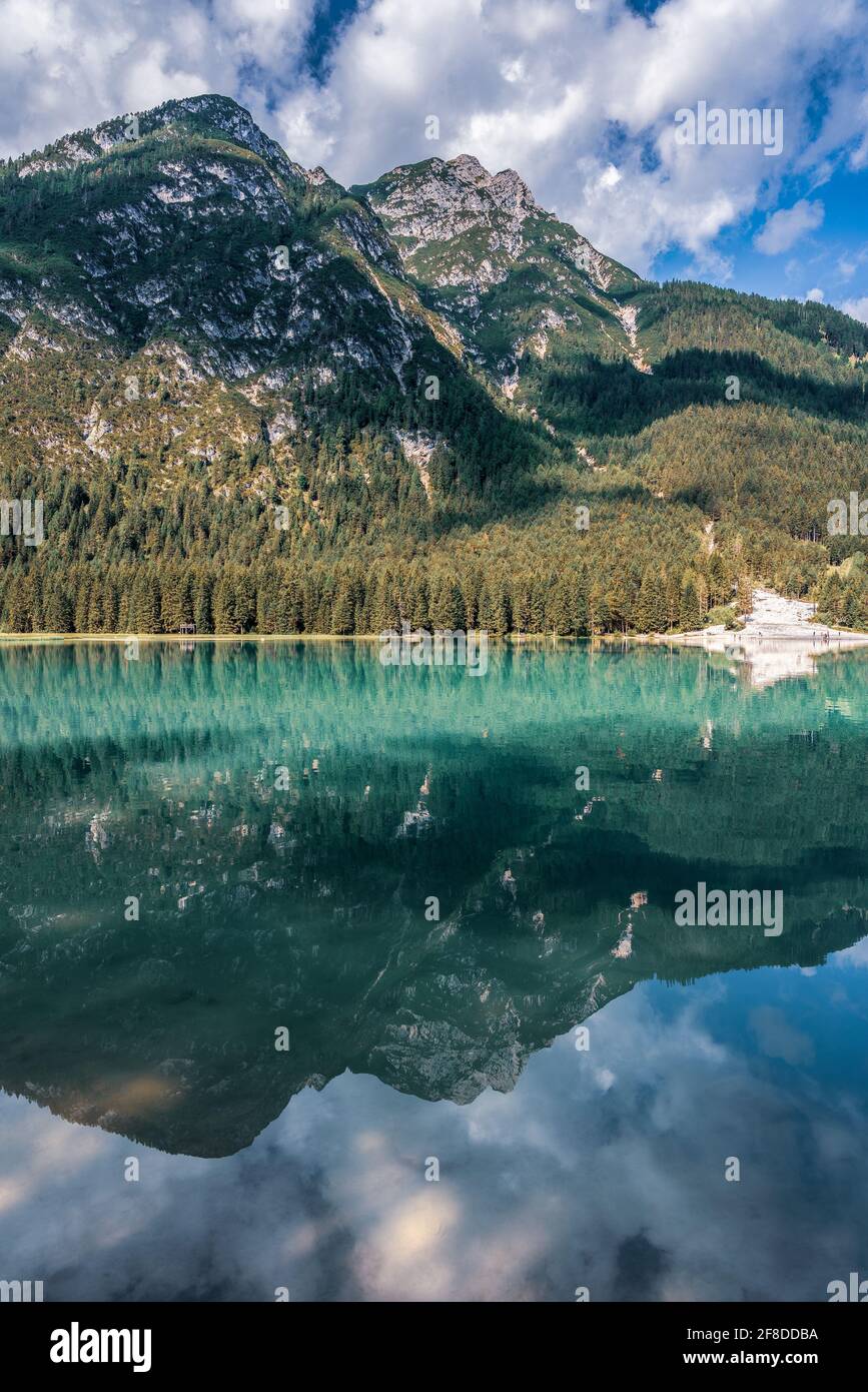 Panoramic view of Lake Dobbiaco ( Toblacher See ) in the Dolomites ...