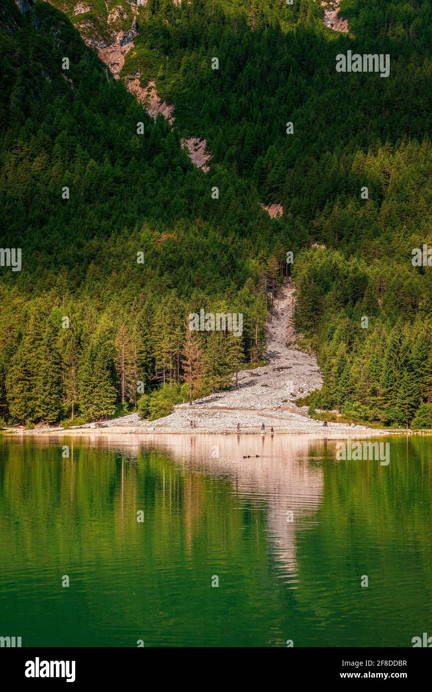 Panoramic view of Lake Dobbiaco ( Toblacher See ) in the Dolomites ...