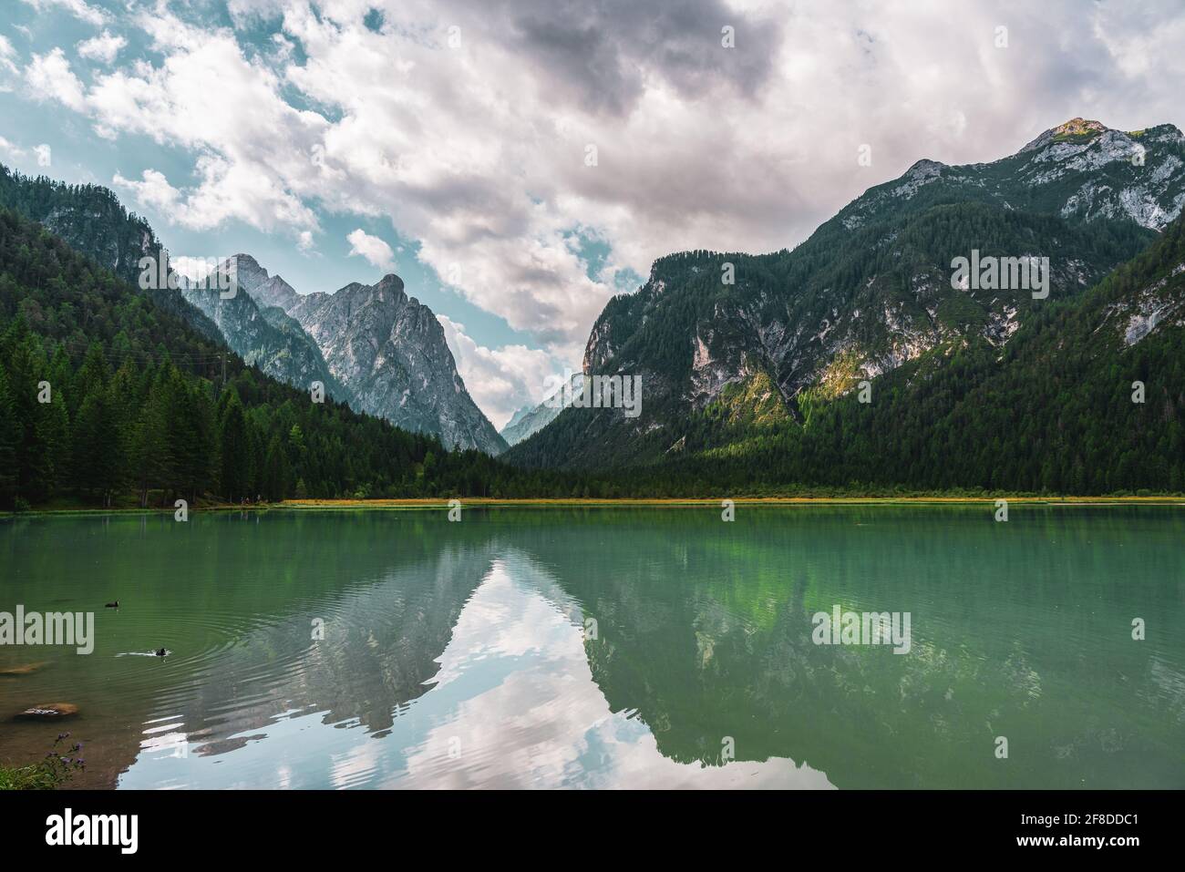 Panoramic view of Lake Dobbiaco ( Toblacher See ) in the Dolomites ...