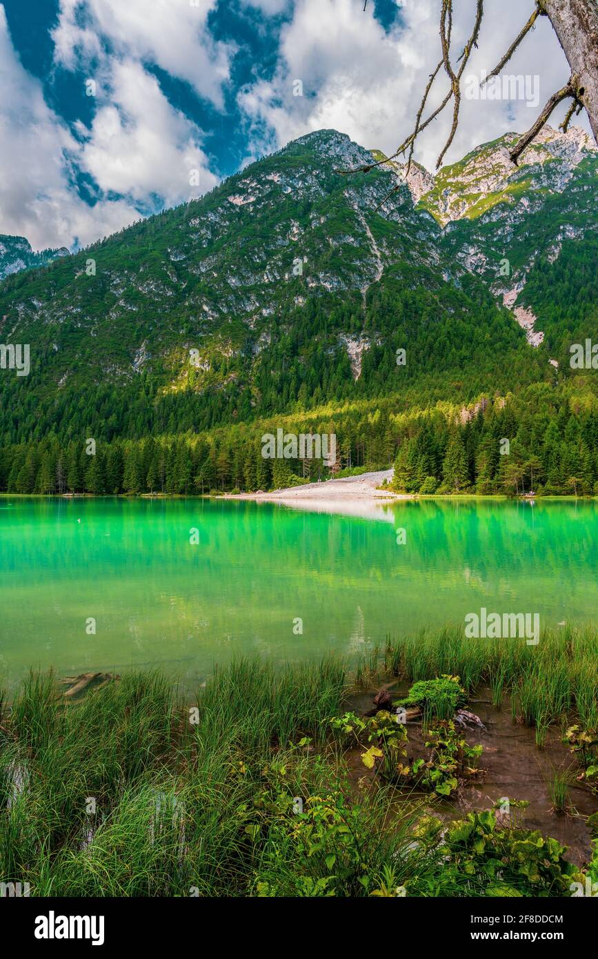 Panoramic view of Lake Dobbiaco ( Toblacher See ) in the Dolomites ...