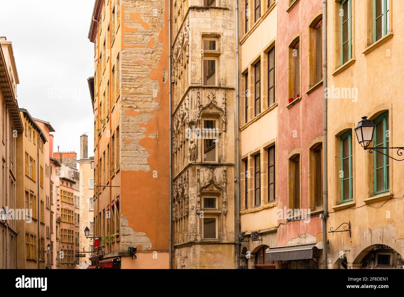 Lyon, typical street in the center, with colorful buildings Stock Photo ...