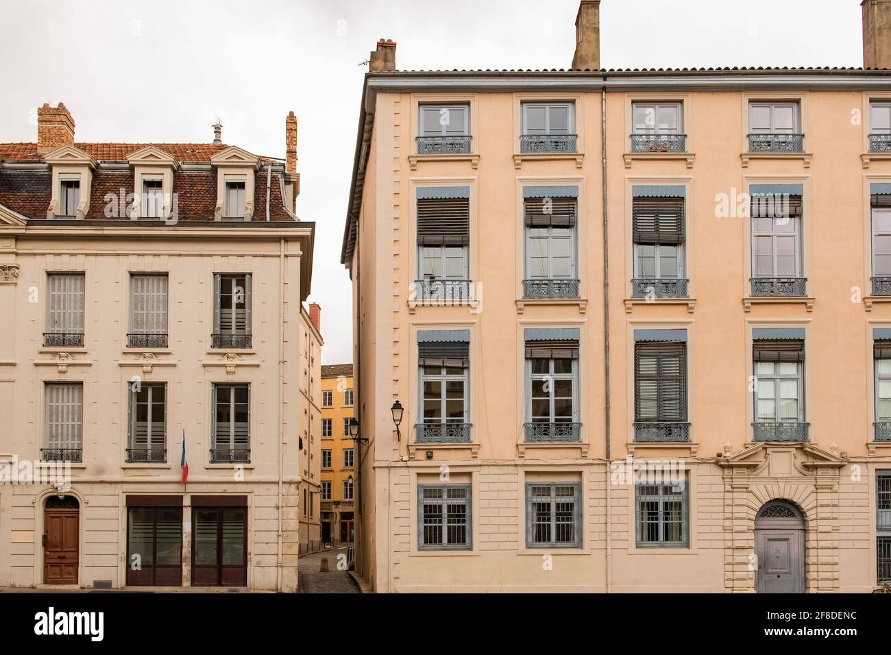 Lyon, typical street in the center, with colorful buildings Stock Photo ...