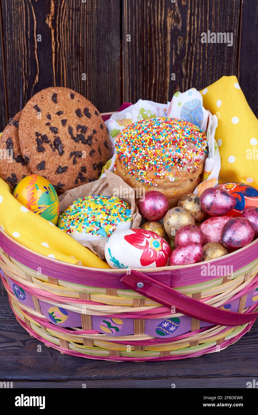 Basket of easter food. Easter cakes, eggs and cookies Stock Photo - Alamy