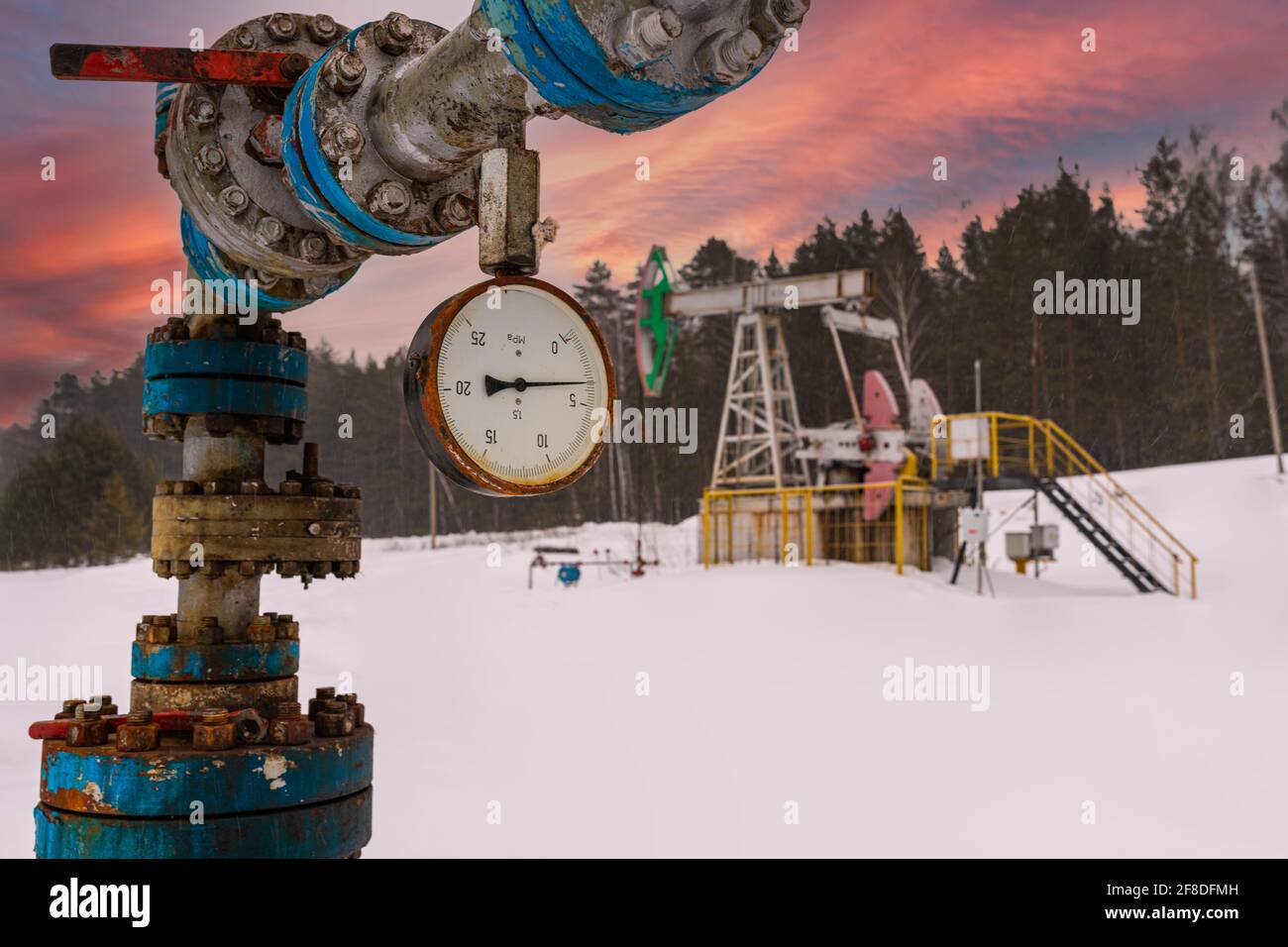 Pipeline Manometer Oil pressure gauge shows 4 MPa. Oil crude usa pump ...