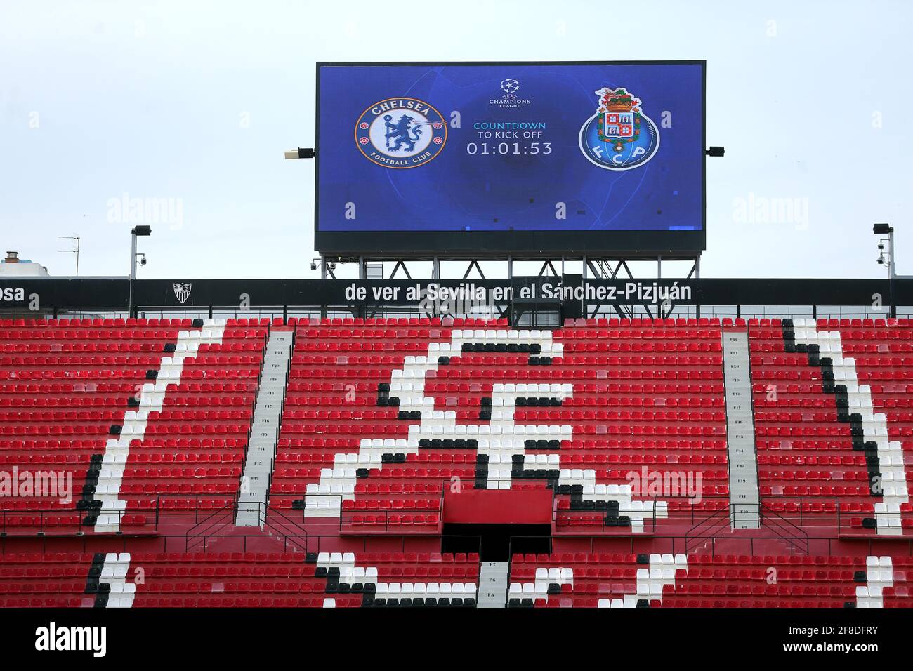 General view of the big screen inside the empty stadium before the UEFA ...