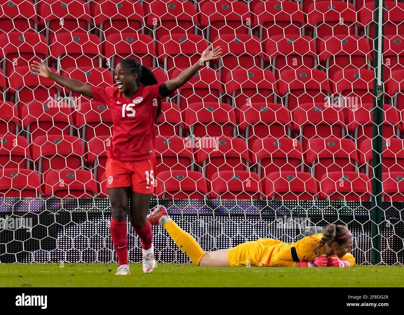 Stoke, England, 13th April 2021. Nichelle Prince of Canada celebrates ...