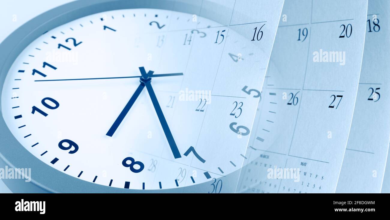 Clock face and calendar pages composite Stock Photo - Alamy