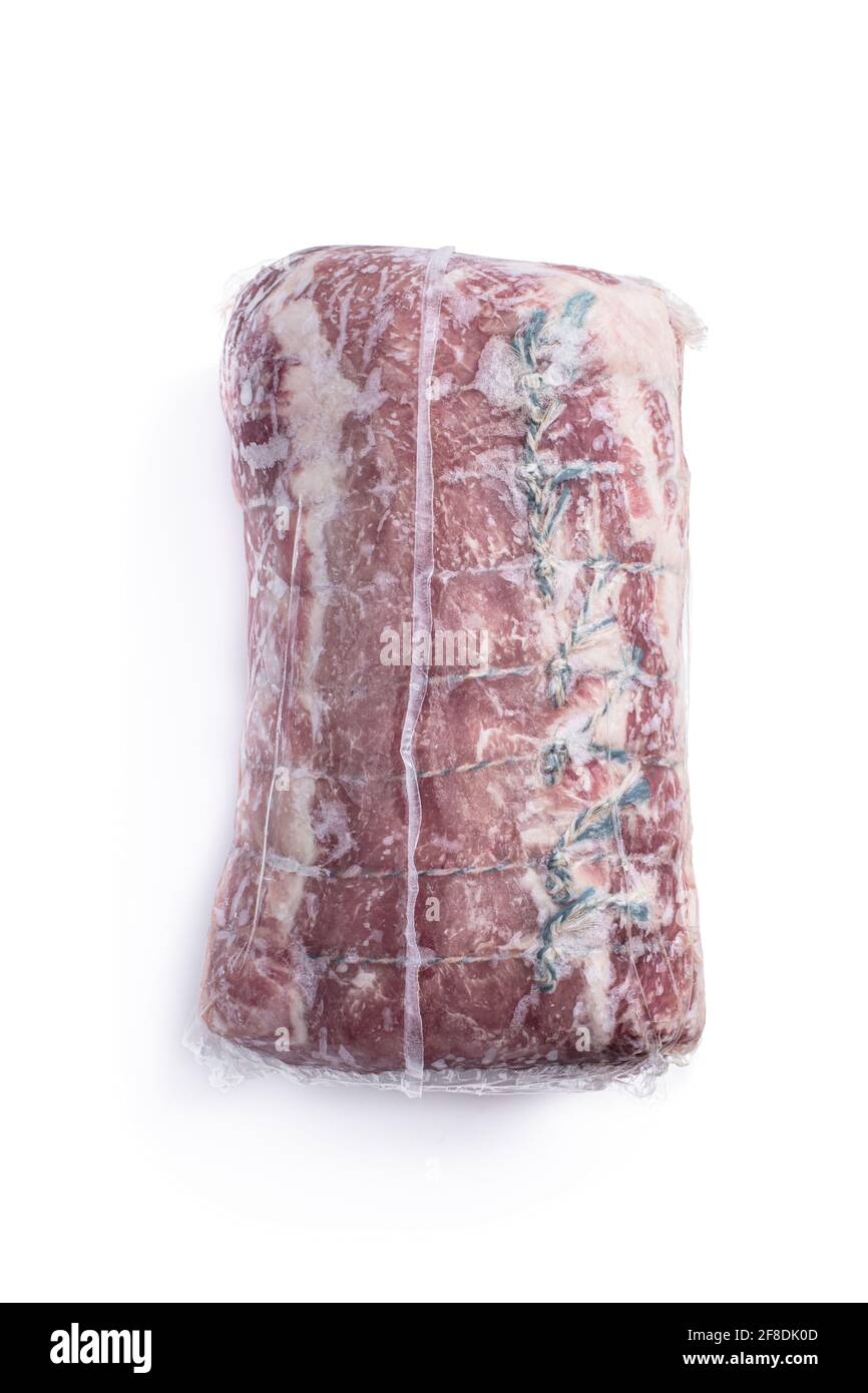 Vacuum packed boneless rindless pork loin joint isolated on white ...