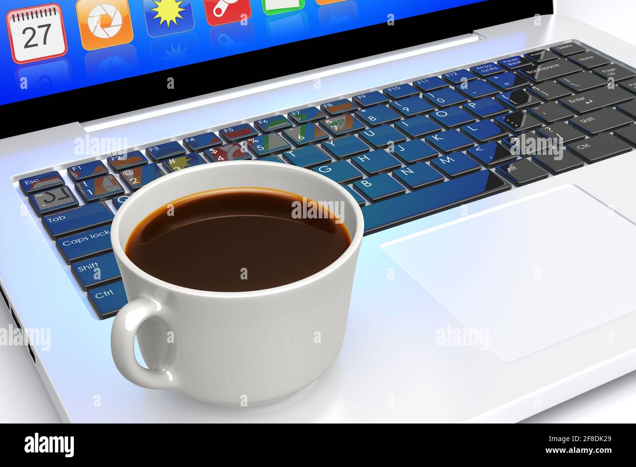 3d laptop with colorful apps on a blue screen and coffee cup lying on ...