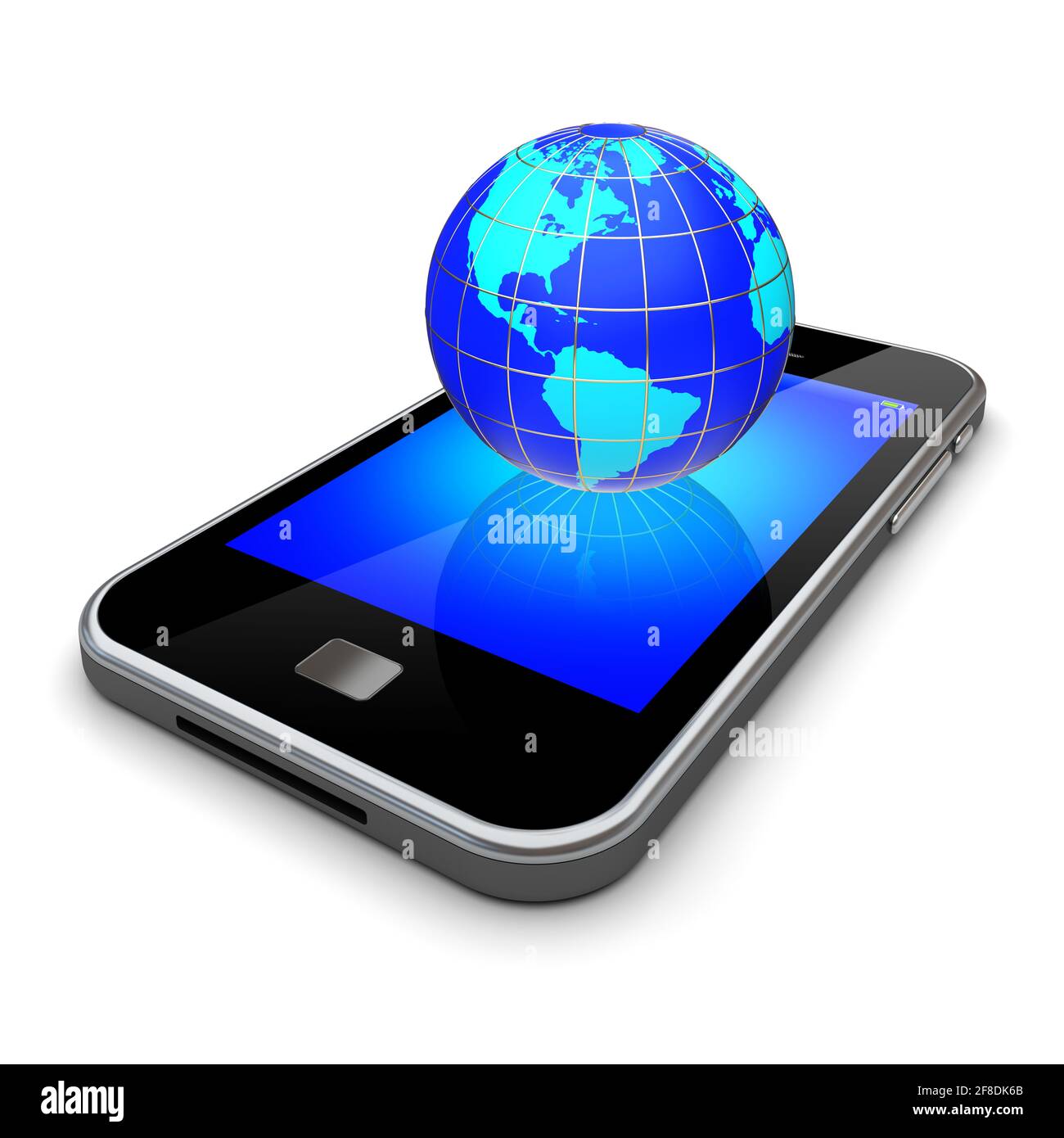 Mobile smartphone with Earth globe on a blue screen. Technology and ...