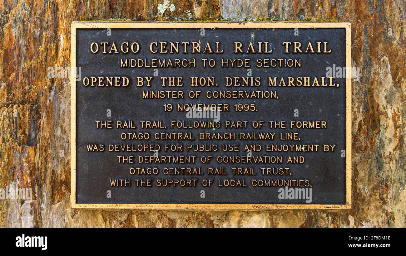 Historic plaque at the start of the Otago Central Rail Trail ...