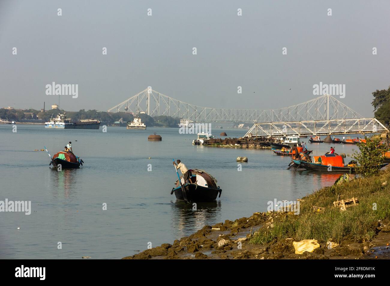 Kolkata, West Bengal, India - January 2018: Wooden boats on the Hooghly ...