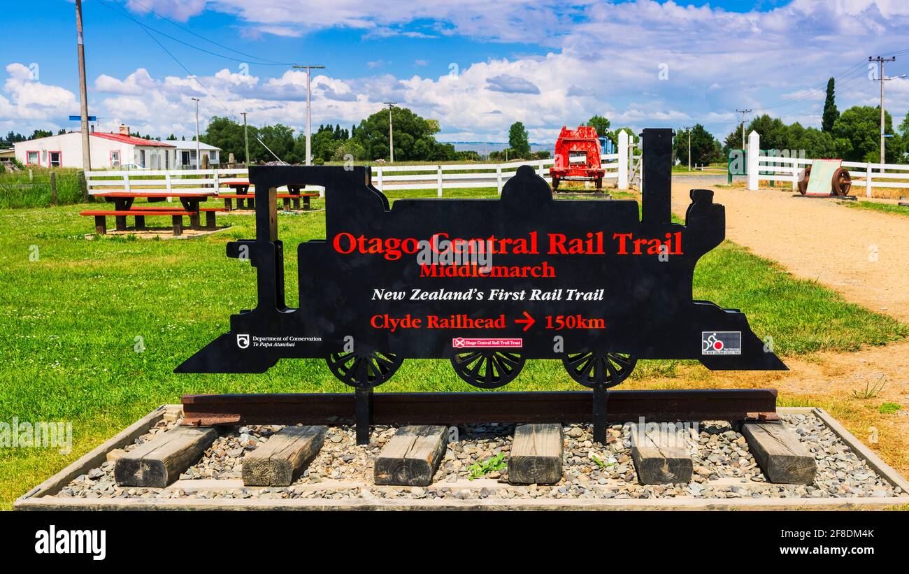 Sign at the start of the Otago Central Rail Trail, Middlemarch, Otago ...