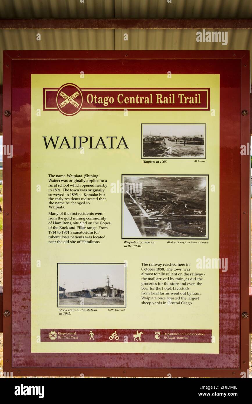 Interpretive sign on the Otago Central Rail Trail, Otago, South Island ...