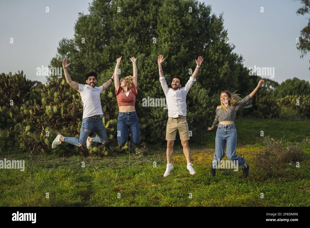 Group of happy friends jumping in a natural area Stock Photo - Alamy
