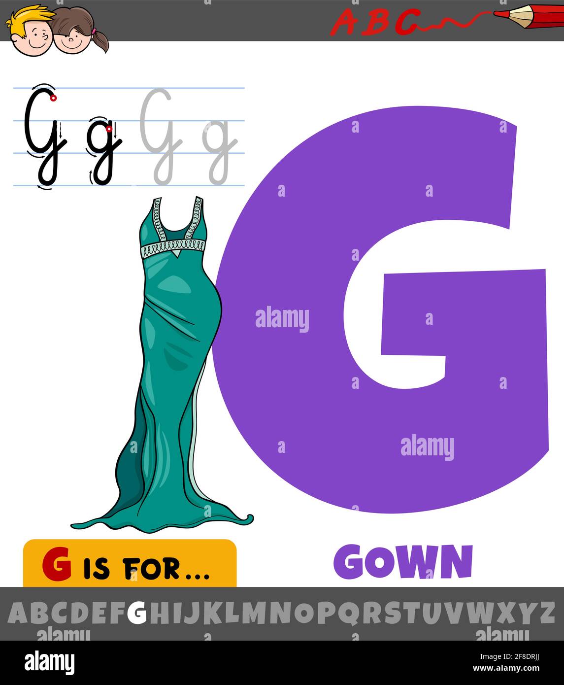 Educational cartoon illustration of letter G from alphabet with gown ...