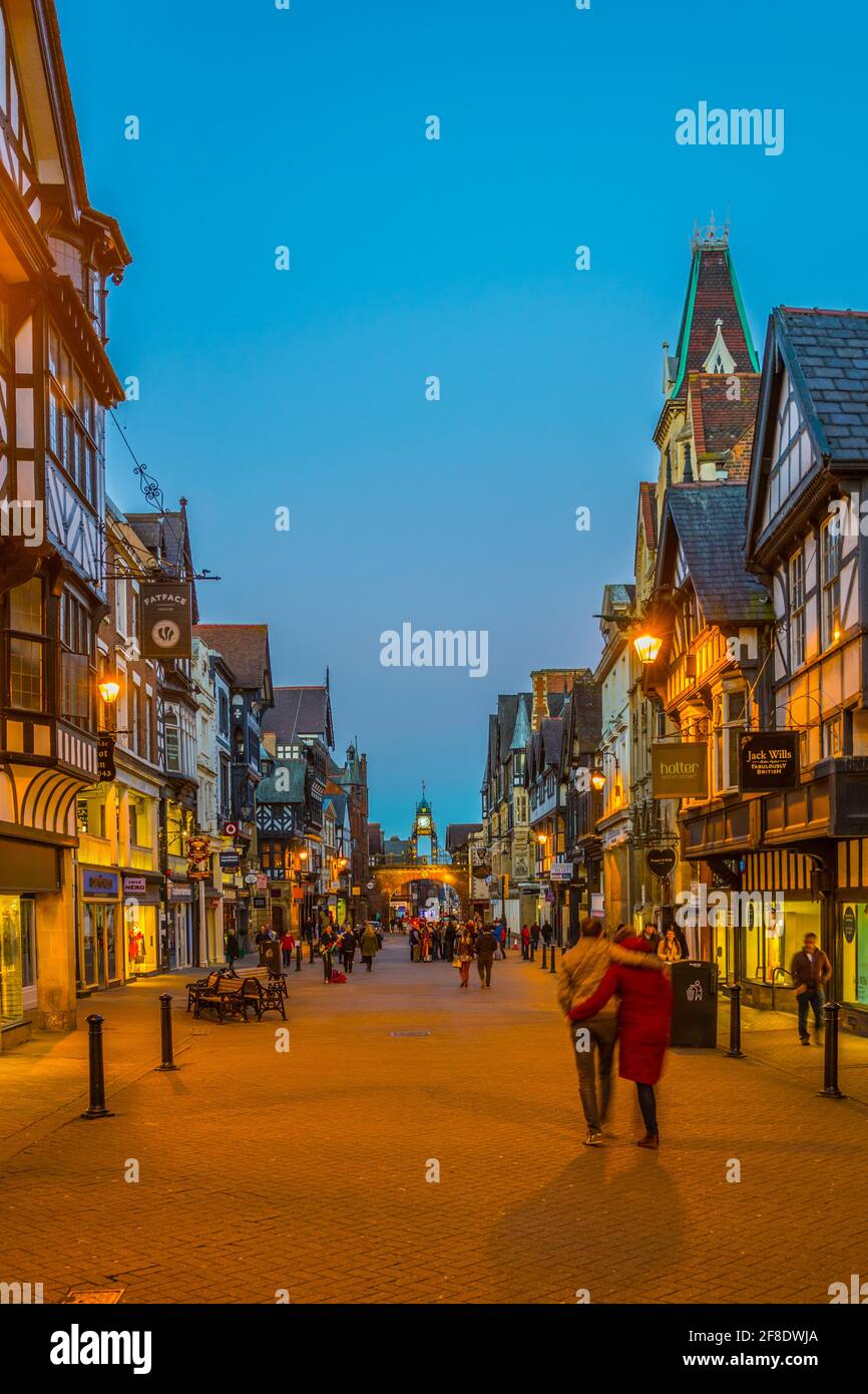 CHESTER, UNITED KINGDOM, APRIL 7, 2017: Sunset view of traditional ...