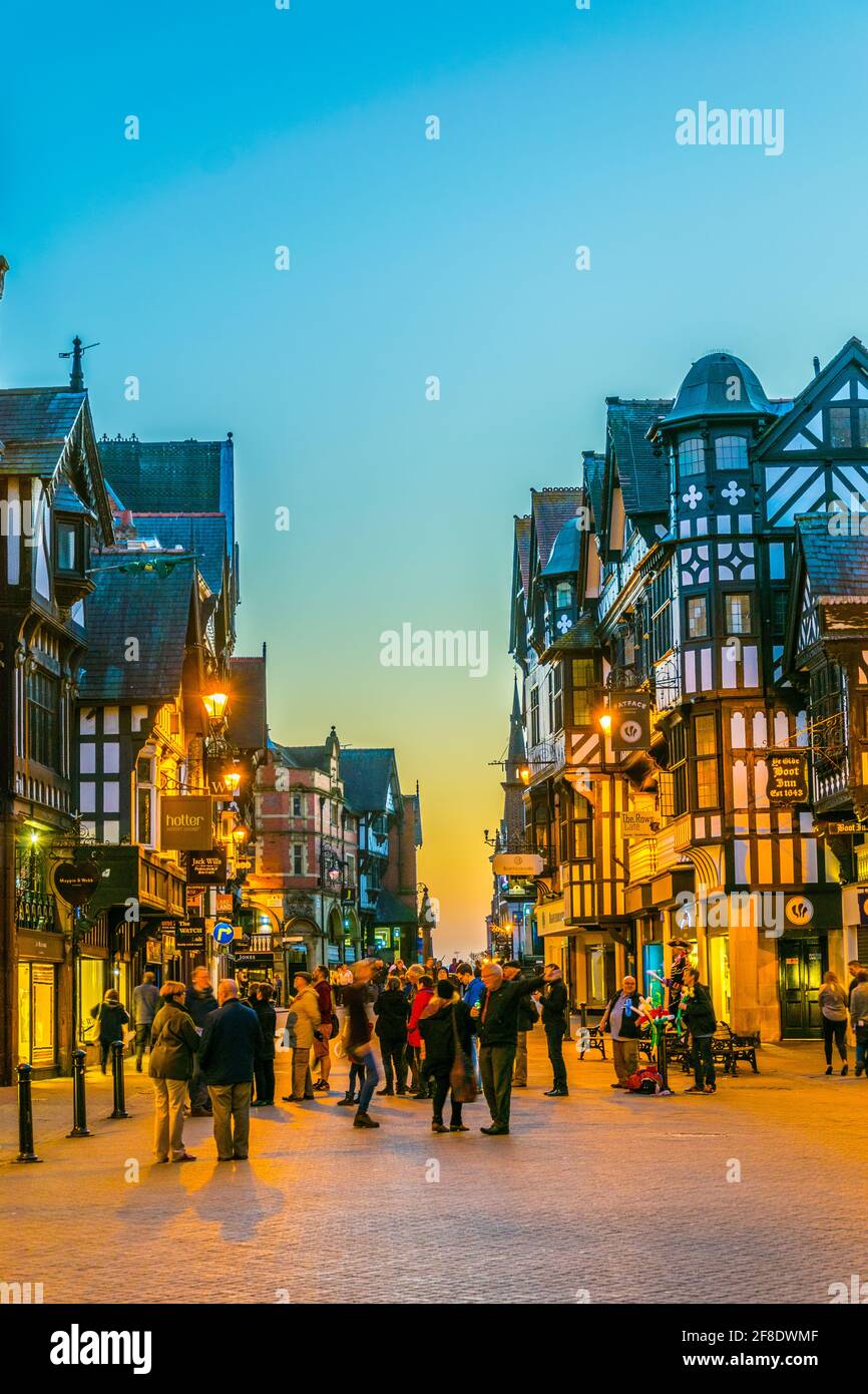 CHESTER, UNITED KINGDOM, APRIL 7, 2017: Sunset view of traditional ...