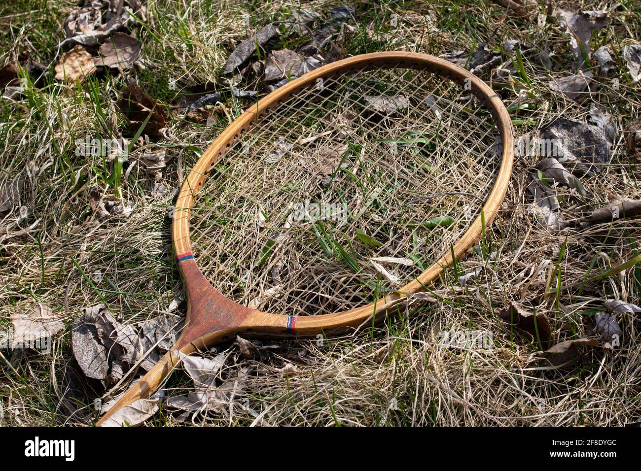 Old broken badminton racket in the grass close up Stock Photo - Alamy
