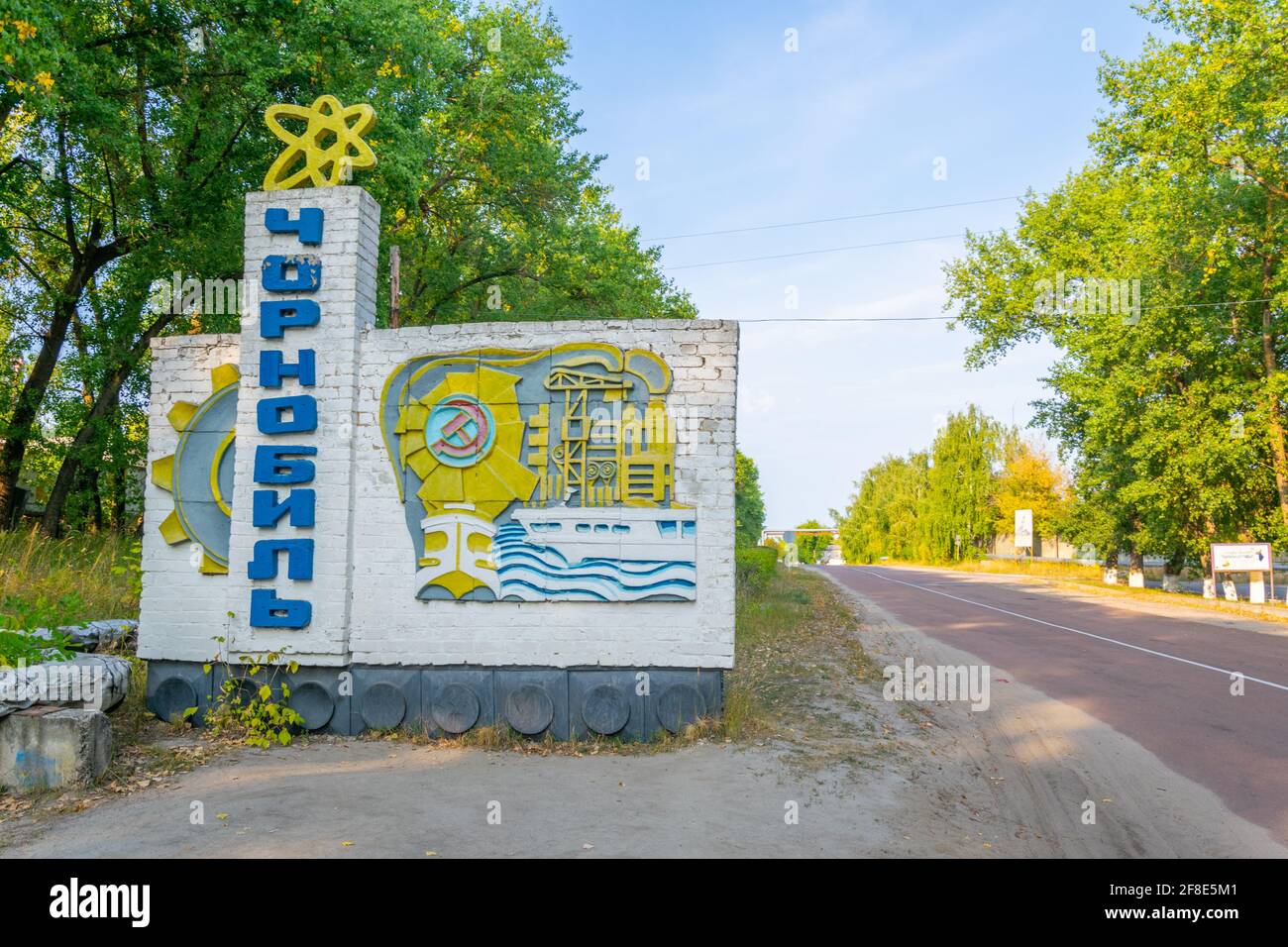 CHERNOBYL, UKRAINE, AUGUST 30, 2019: Entrance sign to the Chernobyl ...