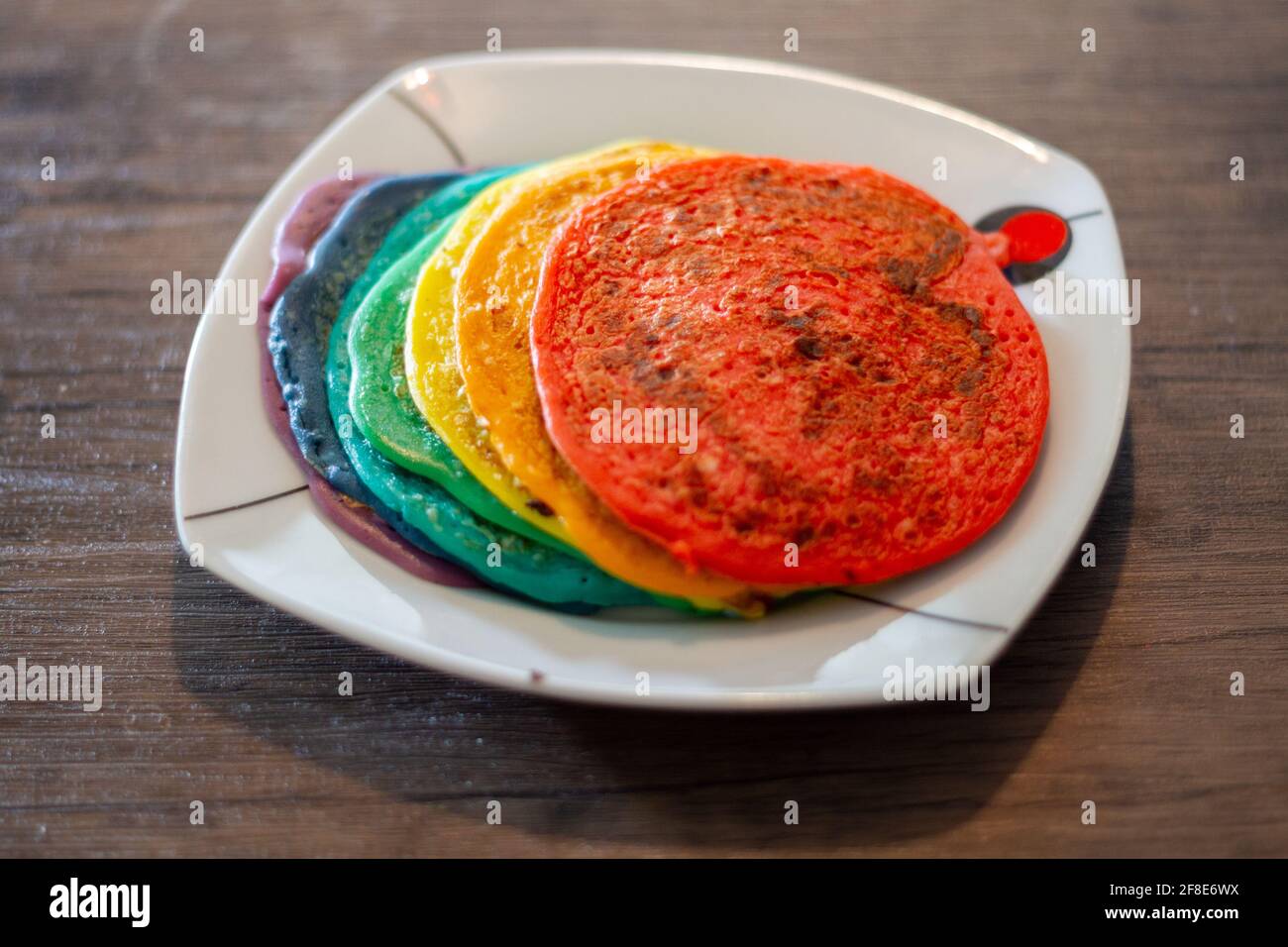 Dish With A Stack Of Rainbow Coloured Pancakes Stock Photo - Alamy