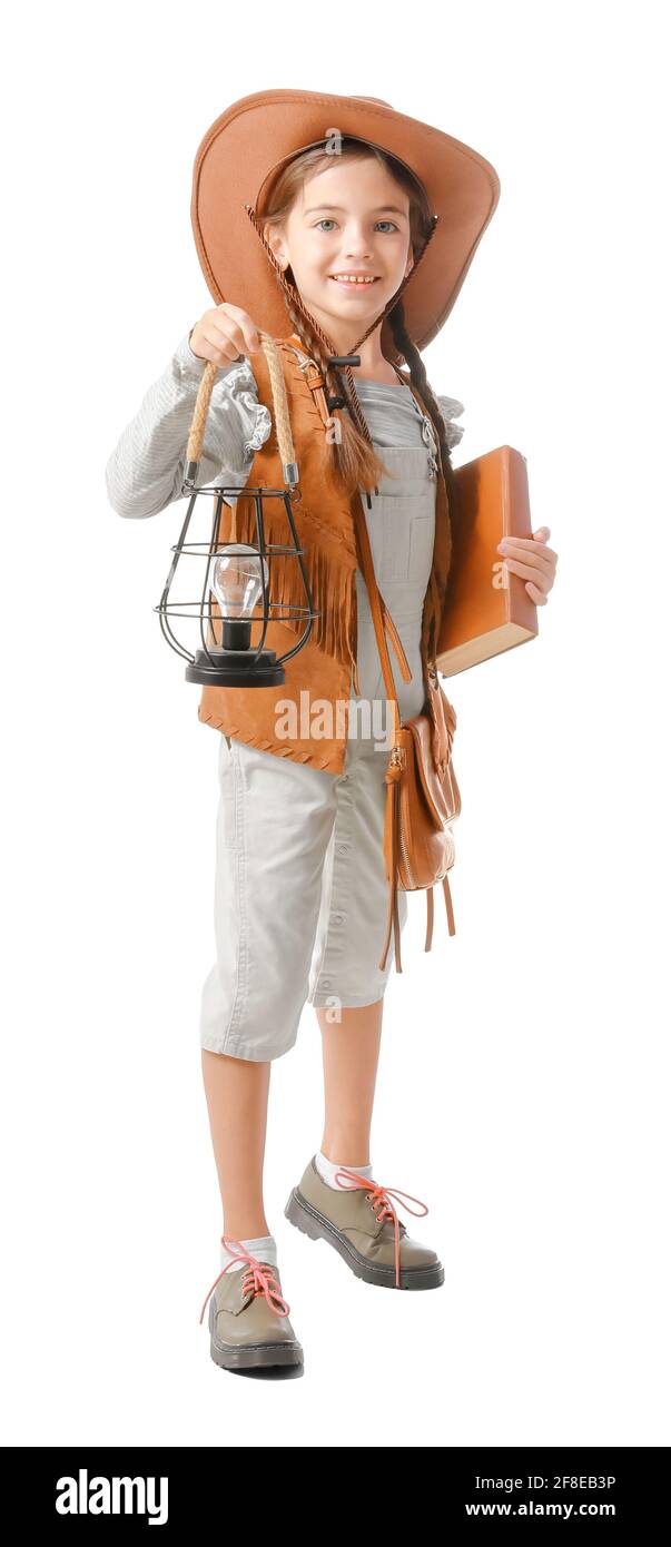 Cute little adventurer on white background Stock Photo - Alamy
