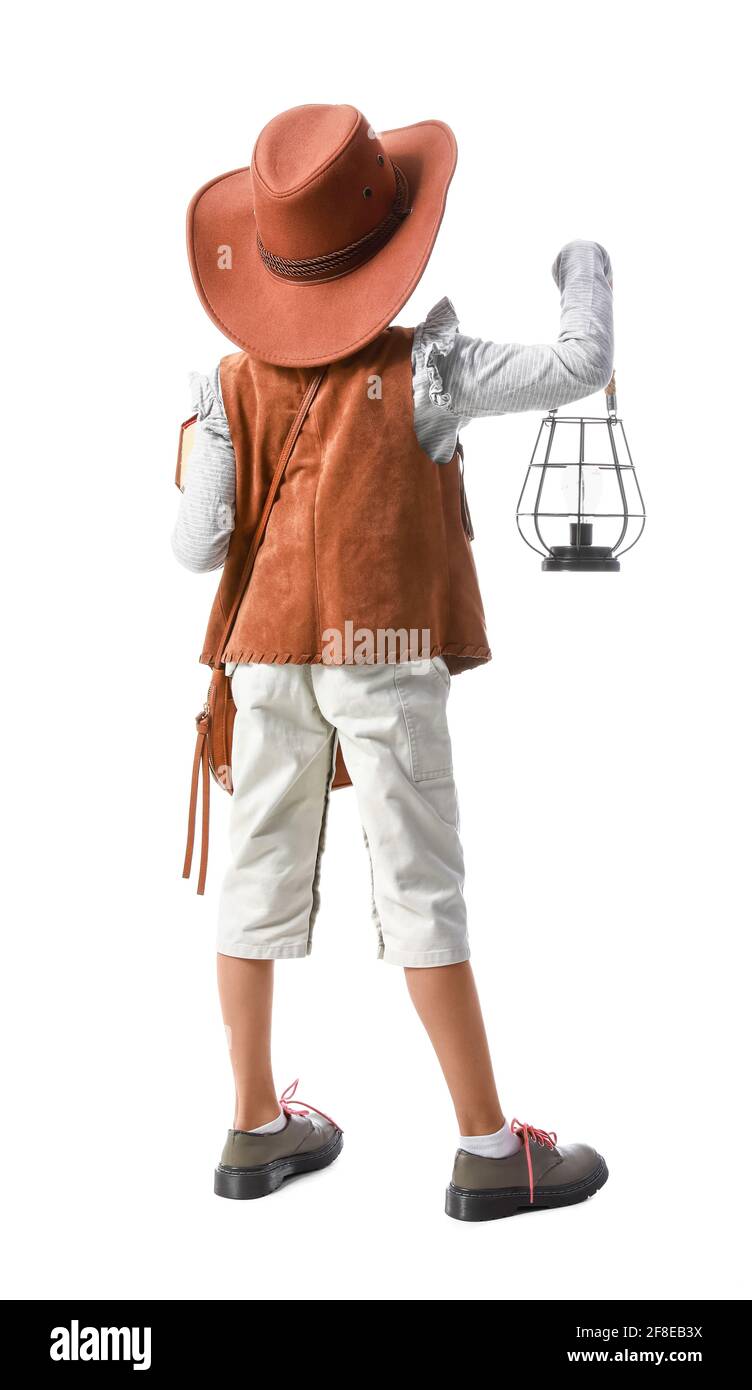 Cute little adventurer on white background Stock Photo - Alamy