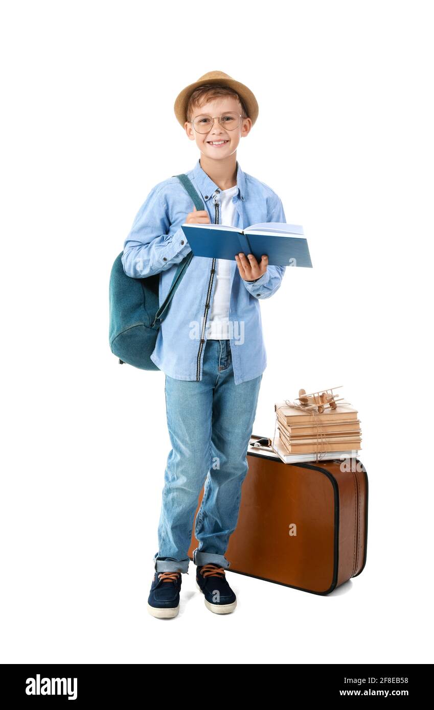 Cute little adventurer on white background Stock Photo - Alamy