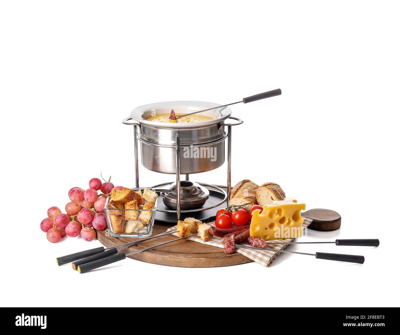 Cheese fondue and different snacks on white background Stock Photo - Alamy