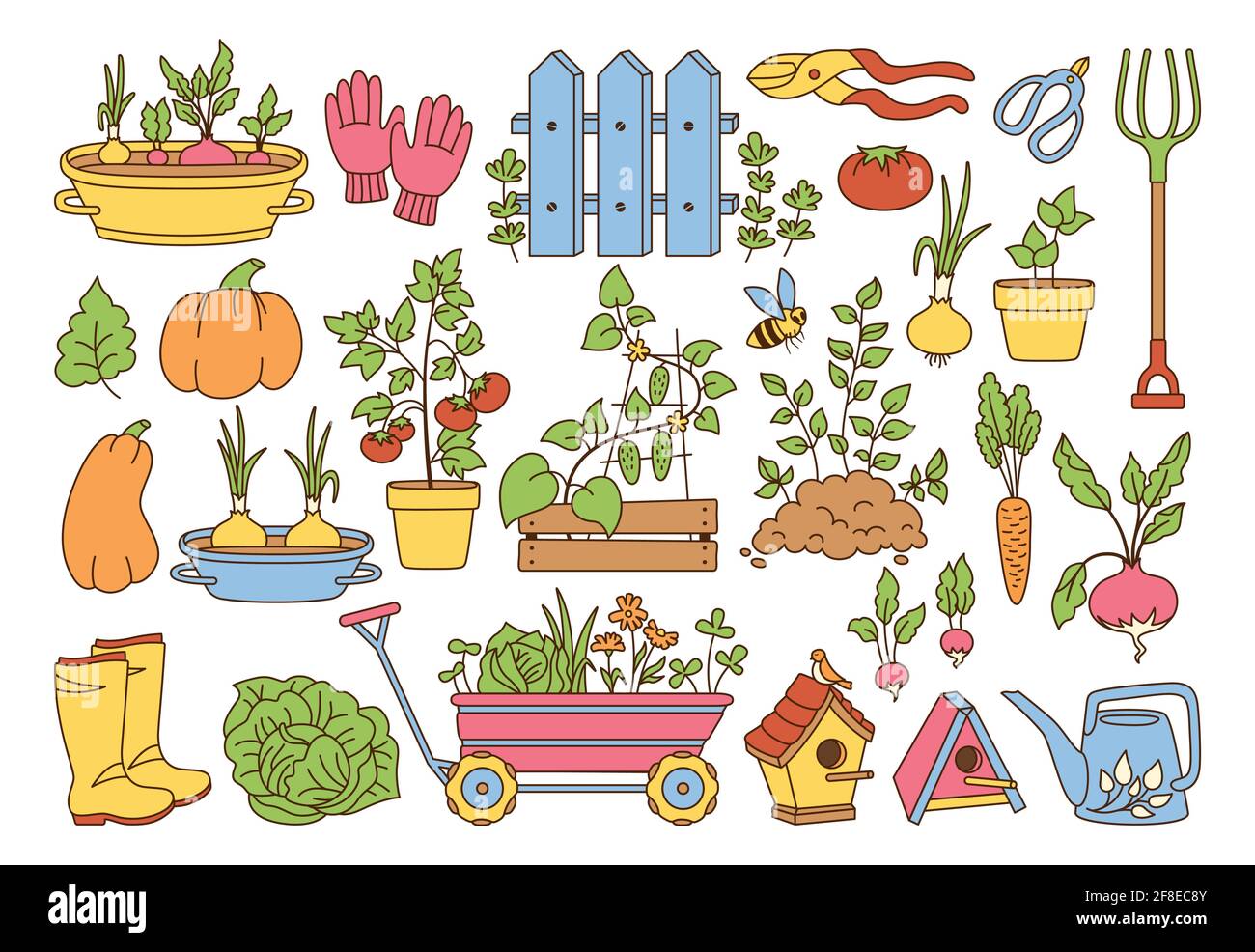 Garden line cartoon set. Vegetables growing soil in pot, rustic fence ...
