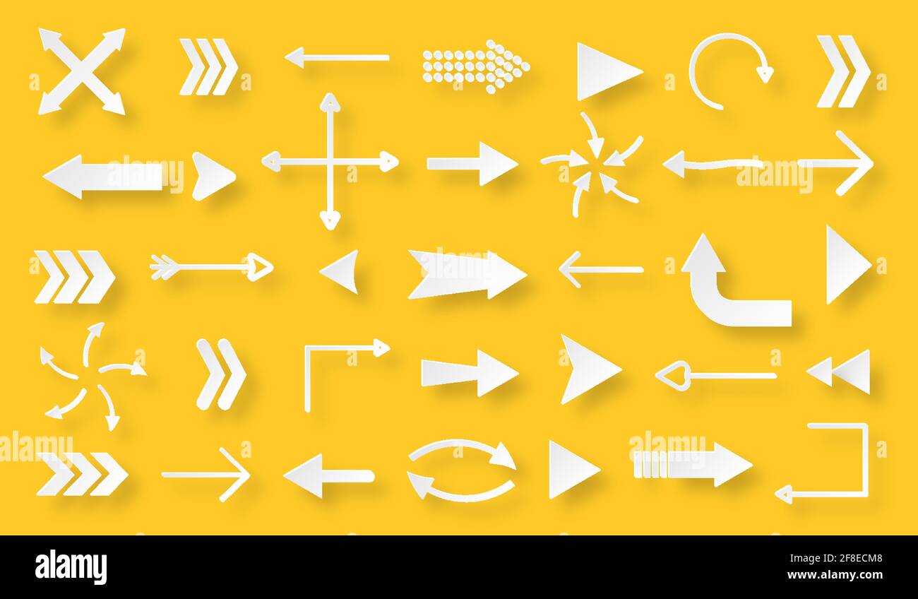 Paper cut arrow icons set isolated on yellow background. Different ...