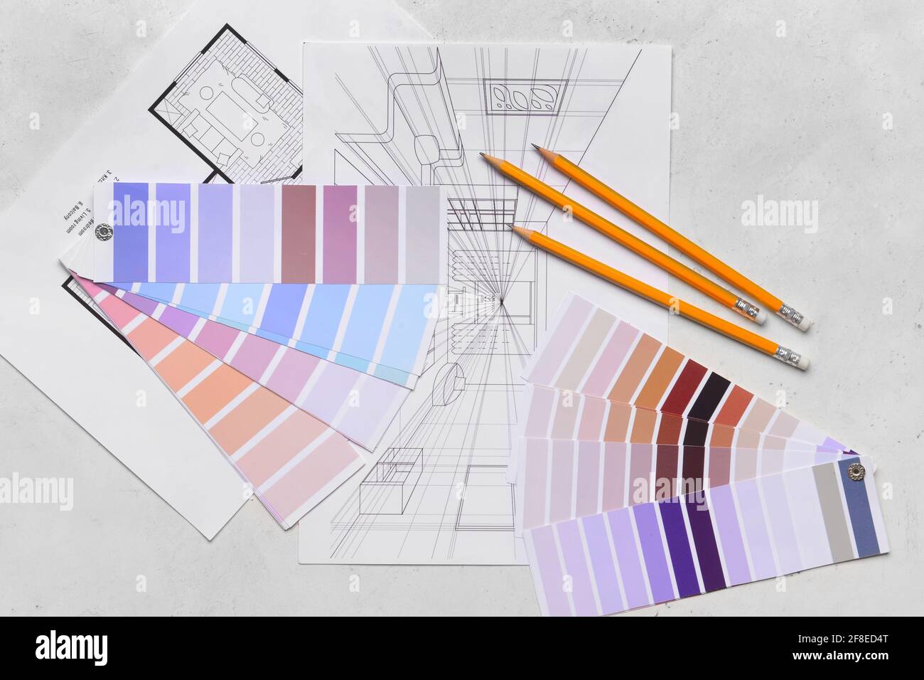Plan of house, color samples and pencils on light background Stock ...