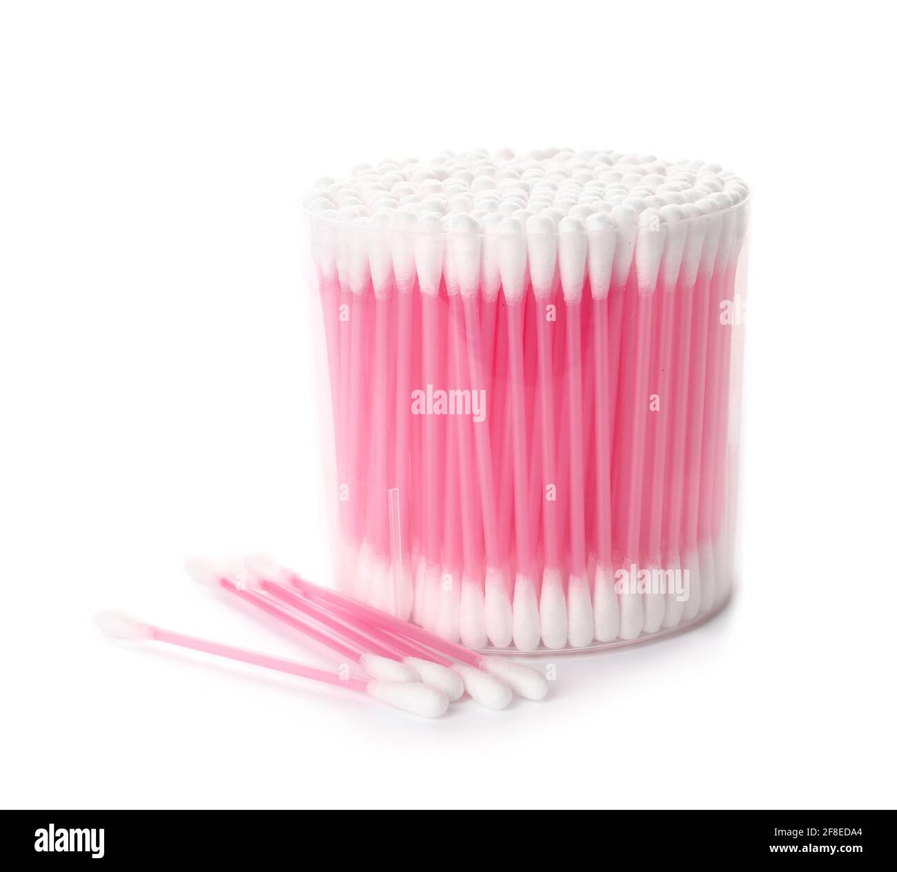Plastic container with cotton swabs on white background Stock Photo - Alamy