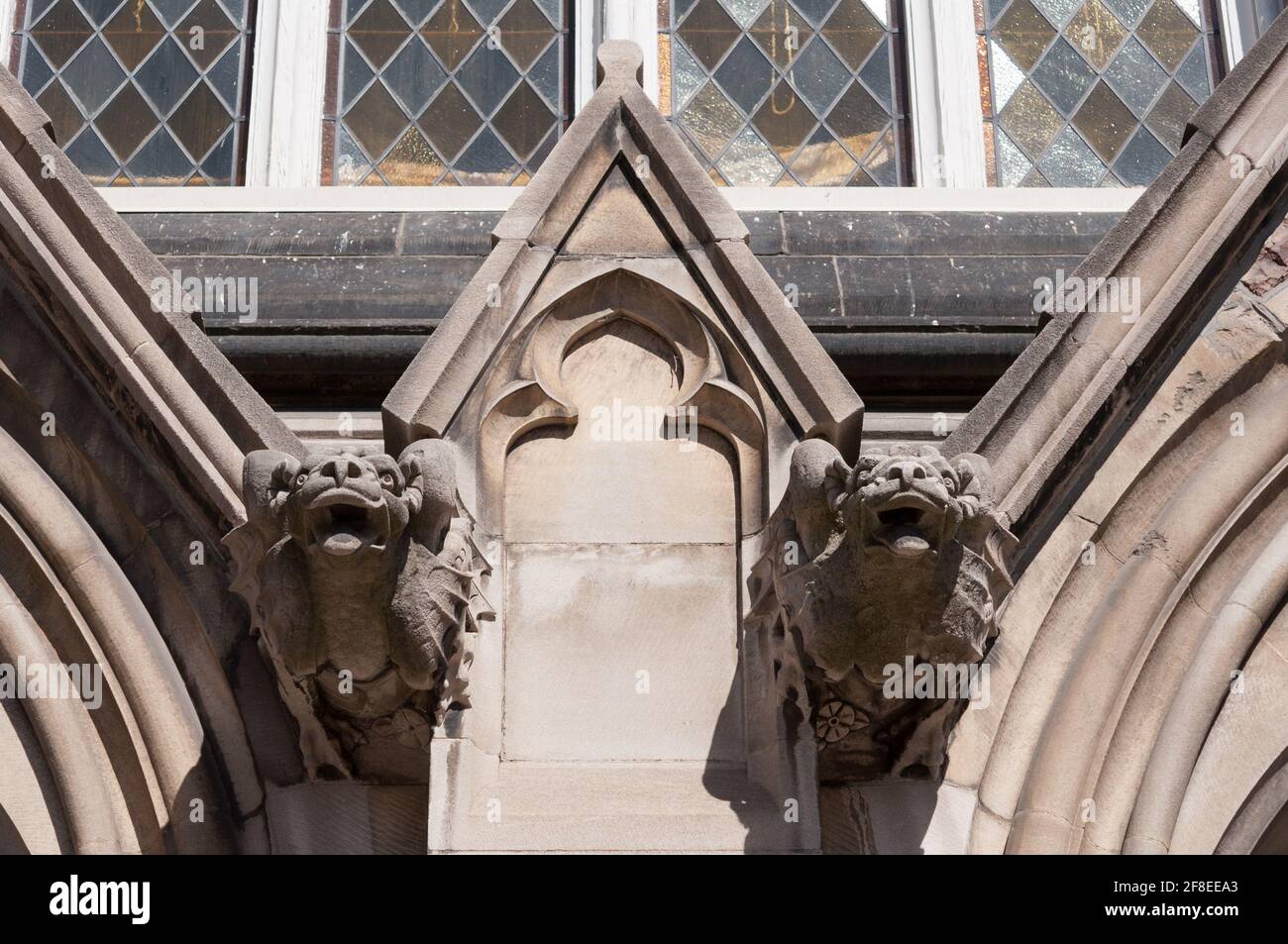 gargoyles or carved grotesques on the exterior of an ecclesiastical ...
