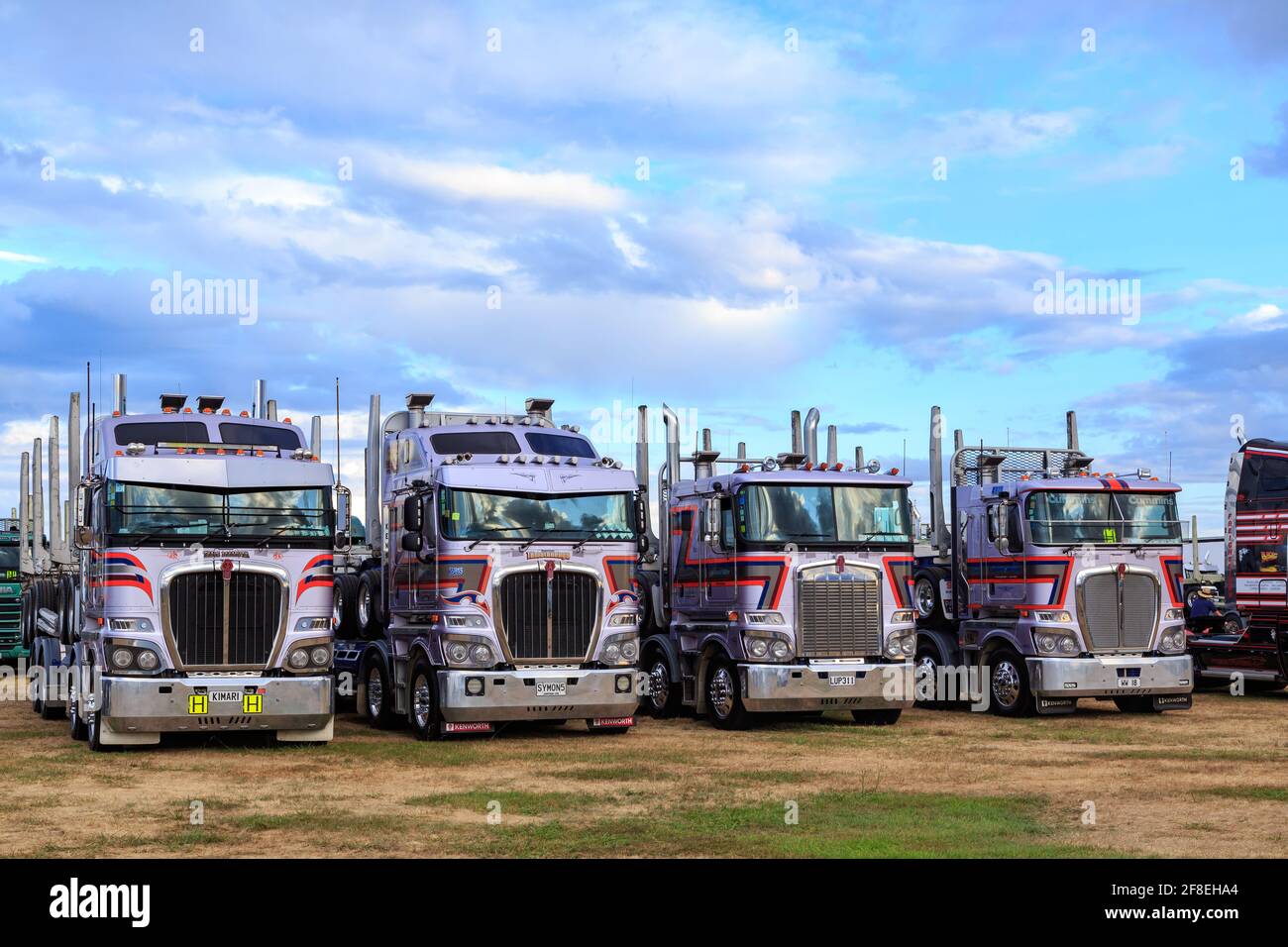 A row of Kenworth trucks with shiny silver paintwork and logging ...