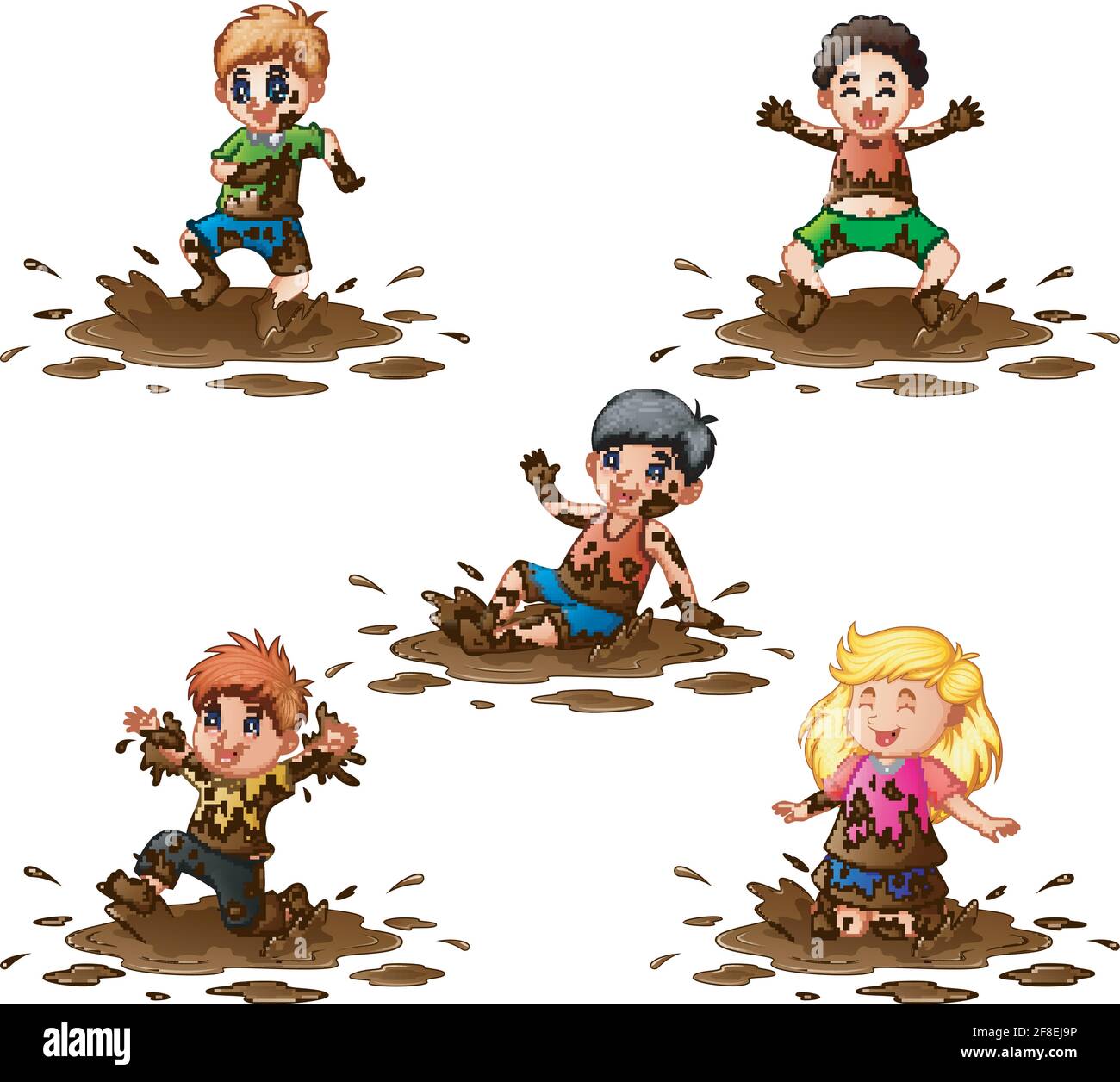 Vector illustration of Collection of kids playing in the mud Stock ...