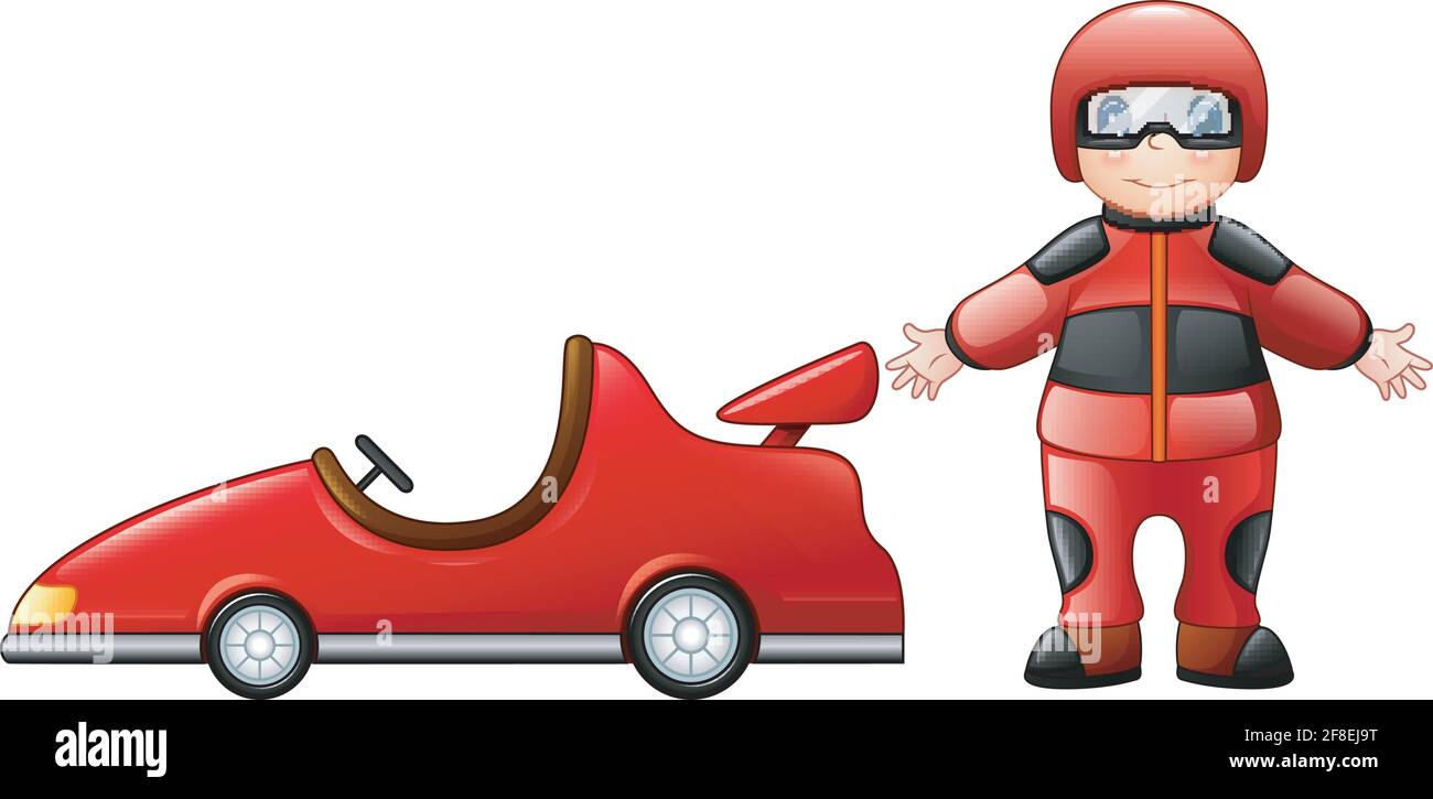 Vector illustration of Little boy with a red racing car Stock Vector ...