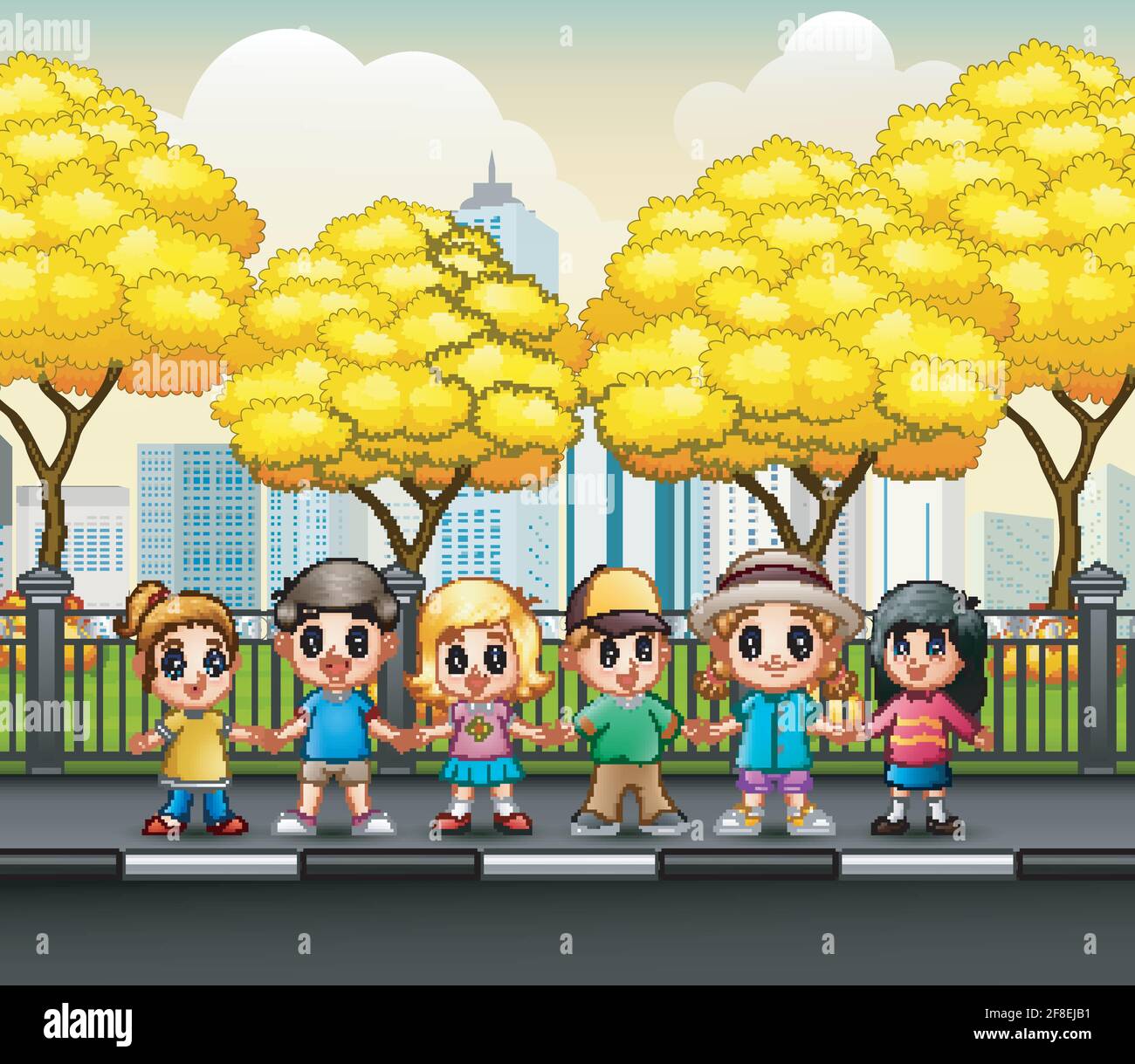 Vector illustration of Cartoon happy children on the sidewalk Stock ...