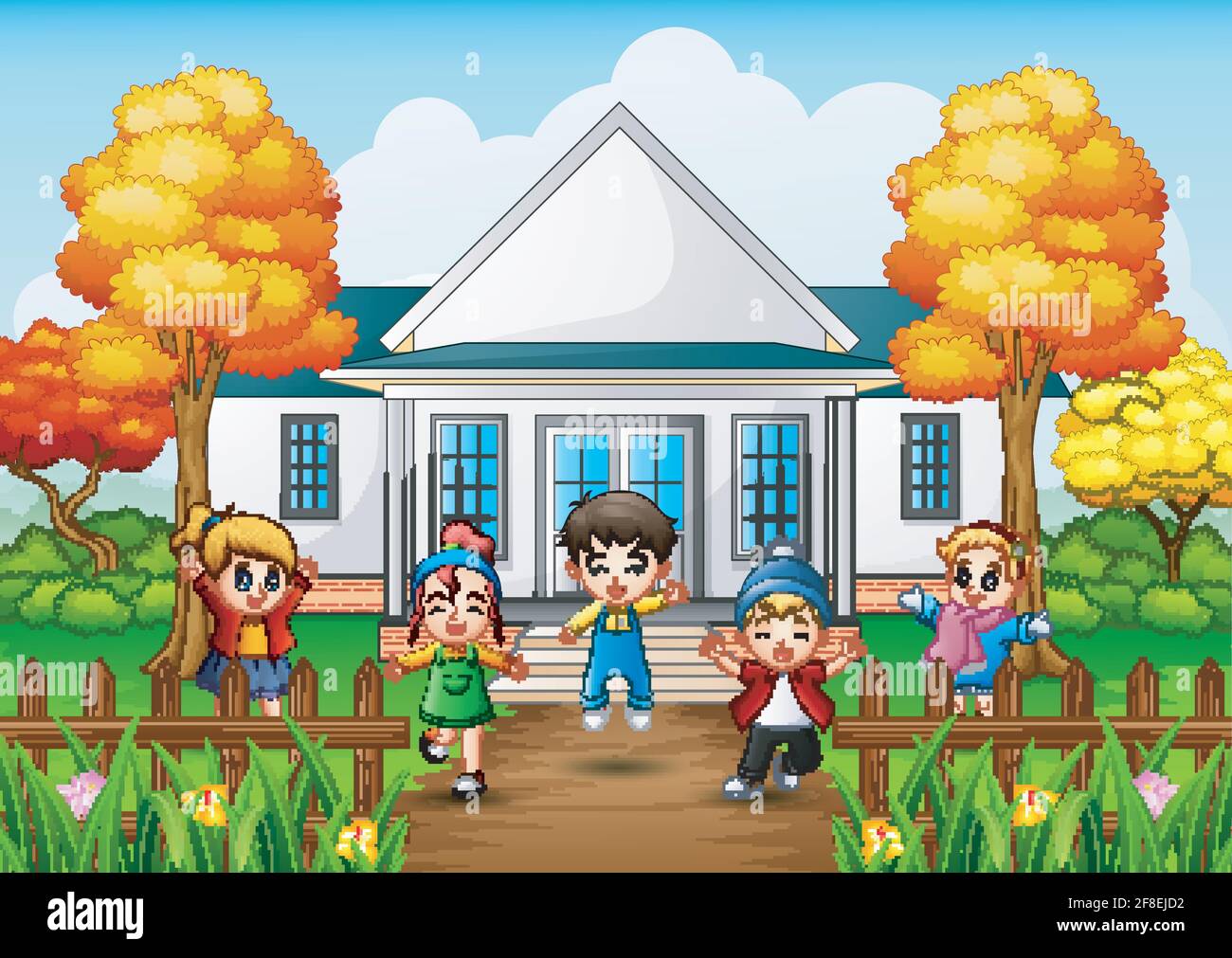 Vector illustration of Cartoon happy children in front house with tree ...